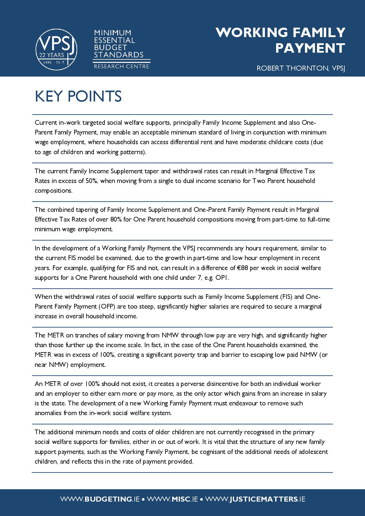 Working Family Payment | Minimum Essentials Budget for Ireland